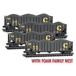 MicroTrain - 100-Ton 3-Bay Ribside Open Hopper w/Coal Load 4-Pack - Ready to Run - Foam Nes ...