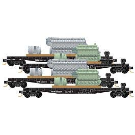 MicroTrain - 50' Fishbelly-Side Flatcar, Side Brake Wheel, Engine Load 4-Pack - Ready to ...