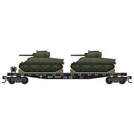 MicroTrain - 50' Fishbelly-Side Flatcar w/M4 Sherman Tank 4-Pack Jewel Case - Ready to Run ...