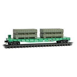 MicroTrain - 50' Fishbelly-Side Flatcar w/Side-Mount Brake Wheel & Tractor Load - Ready to ...