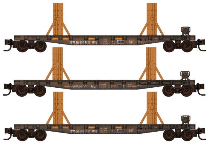 MicroTrain - 50' Fishbelly-Side Flatcar Flatcar w/Ribbon Rail Rack Kit 3-Pack - Ready to Ru ...