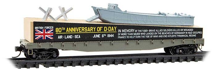 MicroTrain - 50' Fishbelly-Side Flatcar w/Landing Craft Load - Ready to Run - 80th Anniversary ...