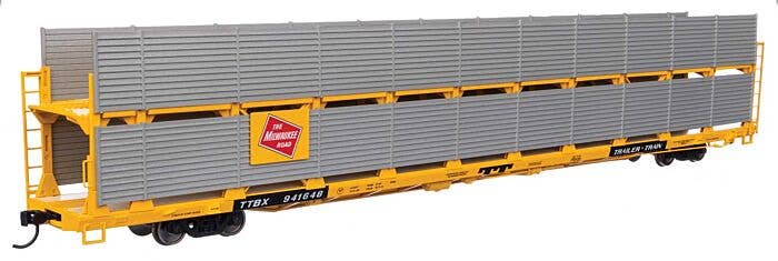 Walthers - 89' Flatcar w/Bi-Level Shielded Auto Rack - Ready to Run - Milwaukee Road Rack ...