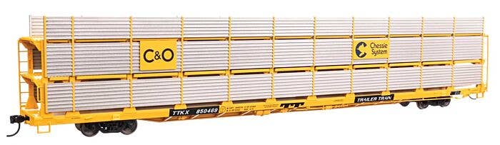 Walthers - 89' Flatcar w/Tri-Level Shielded Auto Rack - Ready to Run - Chesapeake & Ohio #850469 ...