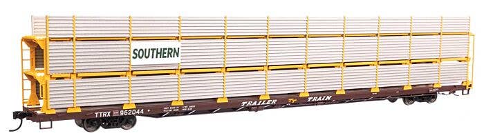 Walthers - 89' Flatcar w/Tri-Level Shielded Auto Rack - Ready to Run - Southern #962044 - 910-8322