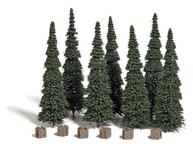 Busch - Fir Trees and 6 Wood Piles - 4-3/4" 12cm Tall pkg(7) - 189-9755