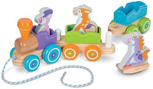 Melissa&D - First Play Wooden Rocking Farm Animals Pull Train - Loco with Pull Cord, 2 Cars, 3 ...