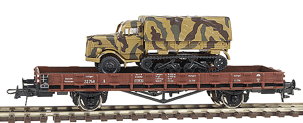 Roco - MiniTanks - Military - Former German Army WWII - Flatcar w/Load - DRG "Stuttgart" w ...