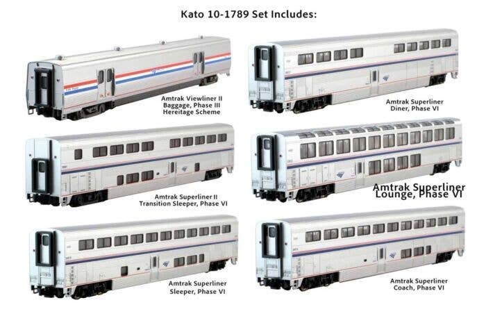 Kato - Viewliner Baggage & 5 Superliner Car Bookcase Set - Amtrak ...